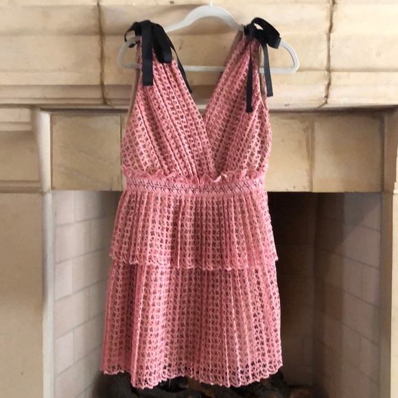 Self-Portrait | Dresses | Pink Lacy Mini Dress With Black Tied Ribbons ...